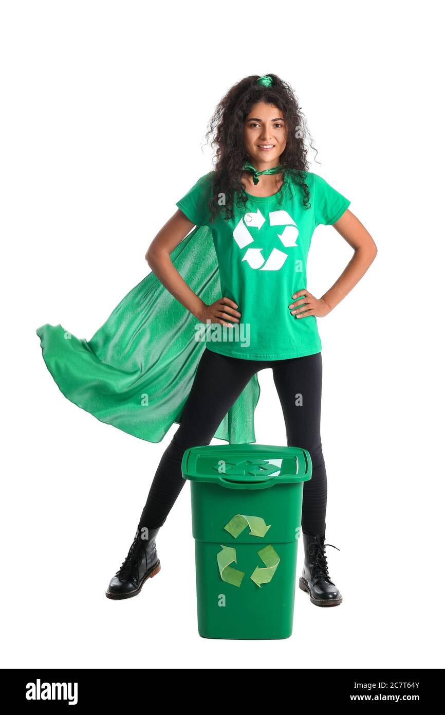 Woman dressed as eco superhero with trash bin on white background Stock ...