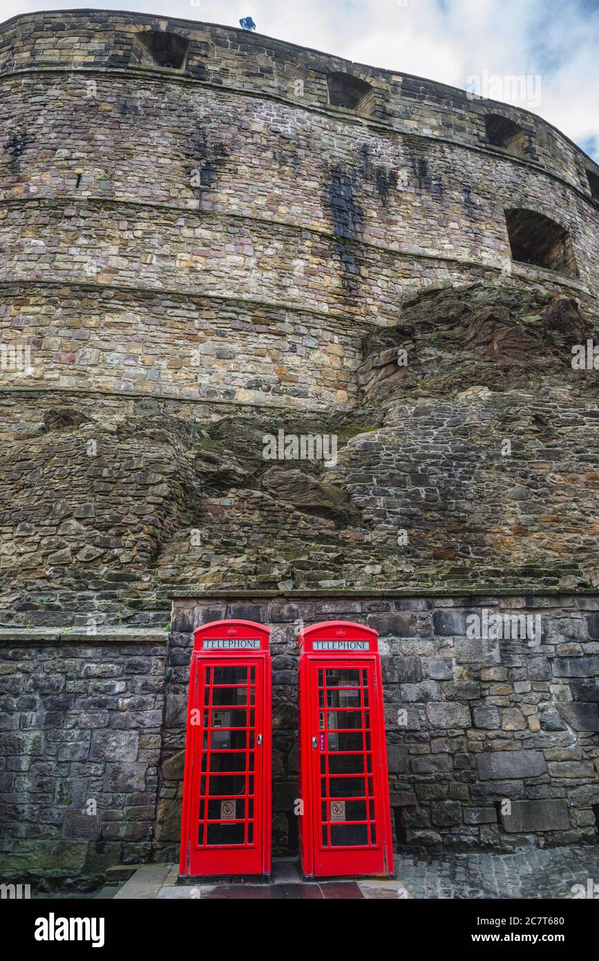 Telephone booths in area of castle in Edinburgh, the capital of ...