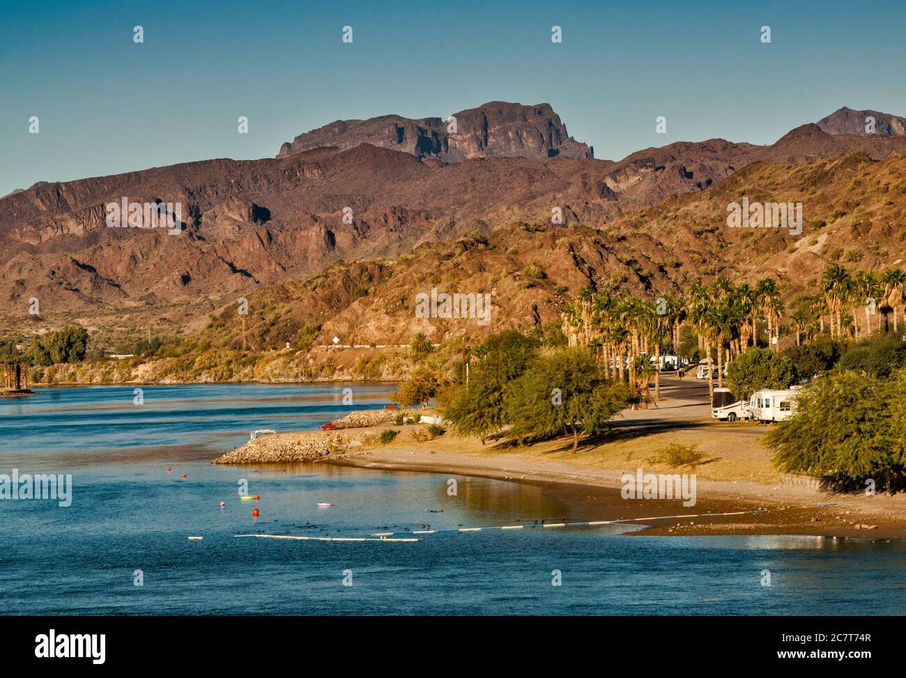 Resorts at Colorado River below Parker Dam, California, USA Stock Photo ...