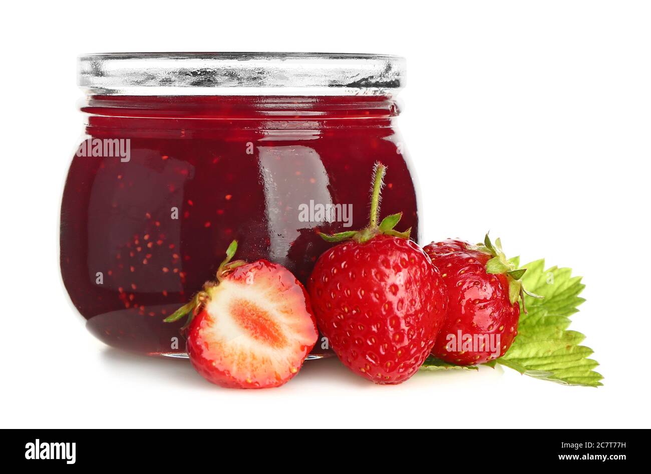 Jar of tasty strawberry jam on white background Stock Photo - Alamy