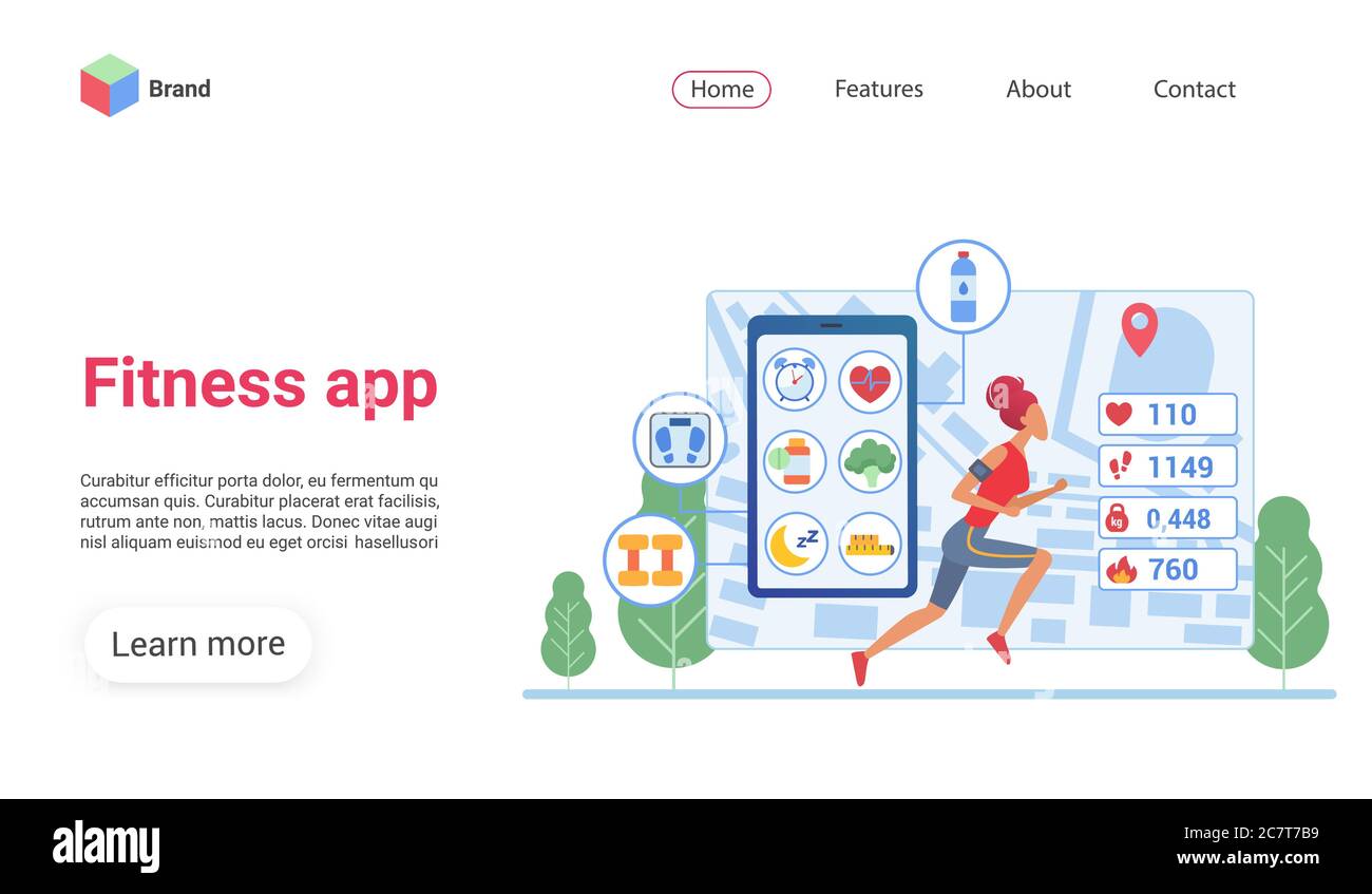 Fitness app landing page vector template. Running tracking website ...