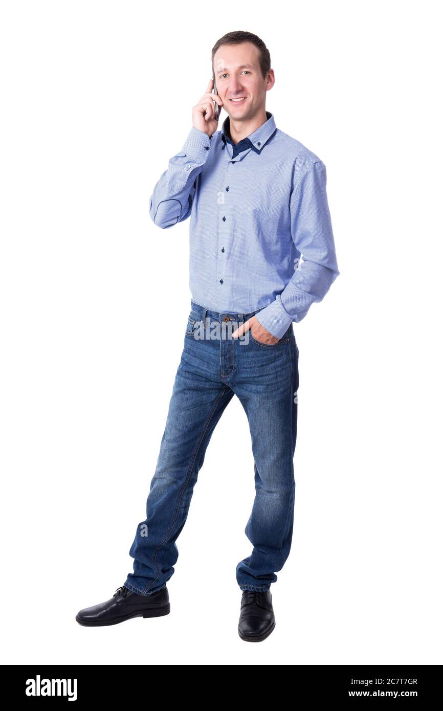 full length portrait of middle aged business man calling on mobile ...