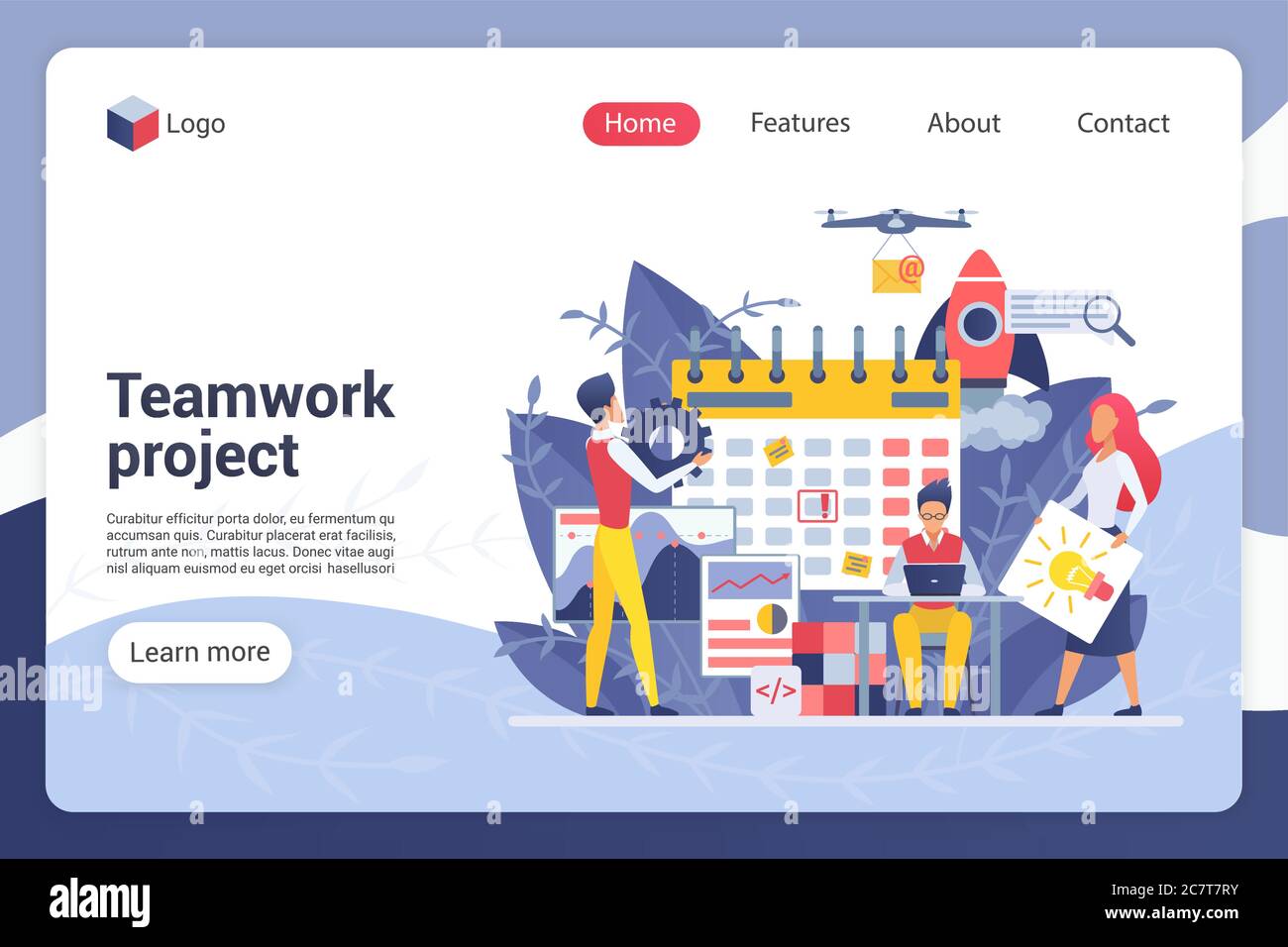 Teamwork project landing page vector template. Company department ...