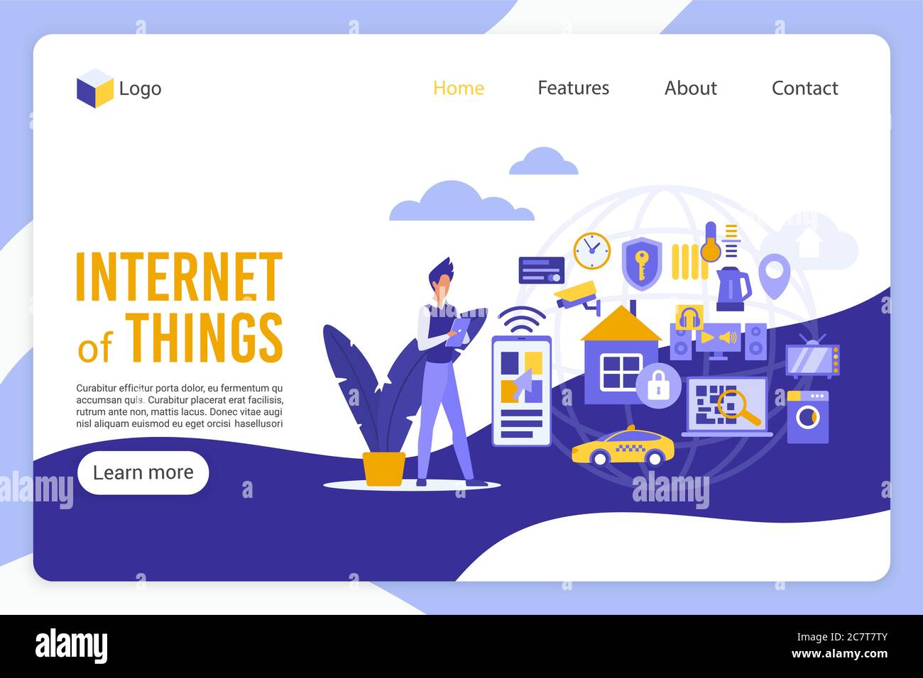 Internet of things landing page vector template. Male programmer, software developer faceless ...