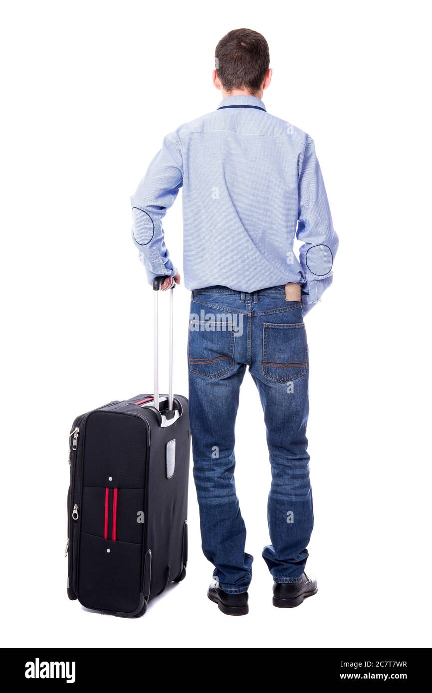 back view of middle aged business man standing with suitcase isolated ...