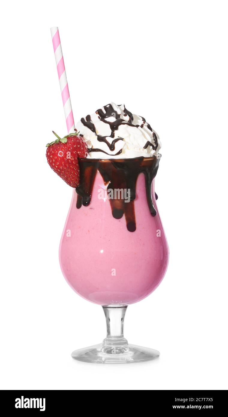 Glass of tasty strawberry milkshake on white background Stock Photo - Alamy