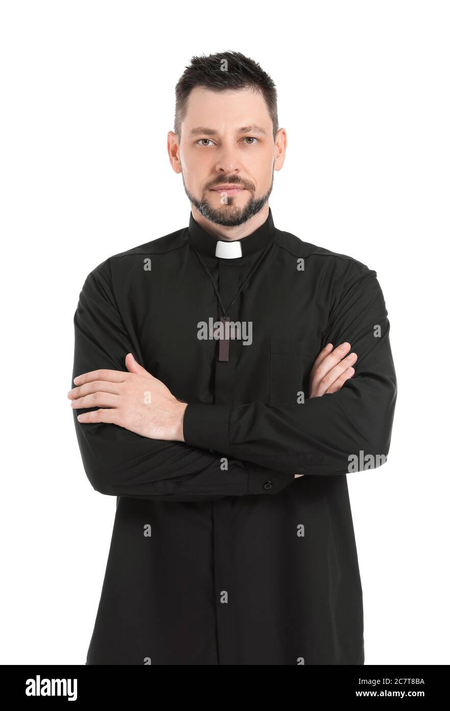 Handsome priest on white background Stock Photo - Alamy