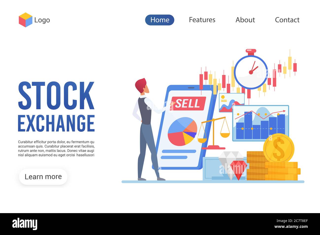 Stock exchange landing page vector template. Trading website interface ...