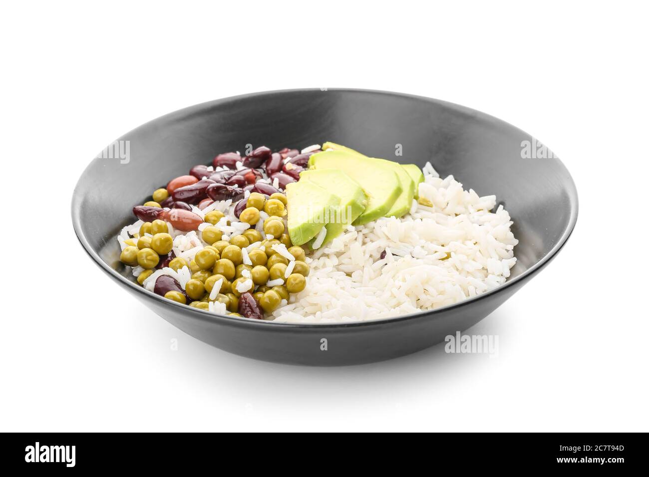Bowl with tasty rice, beans and avocado on white background Stock Photo ...