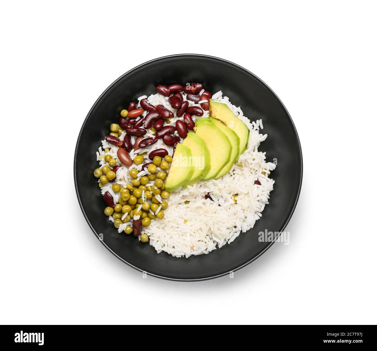 Bowl with tasty rice, beans and avocado on white background Stock Photo ...