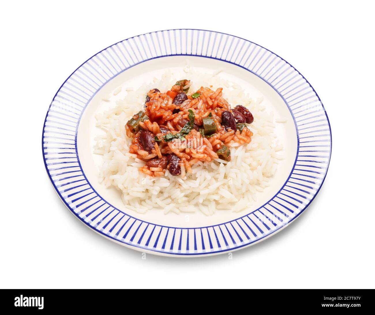 Plate with tasty rice, beans and vegetables on white background Stock ...