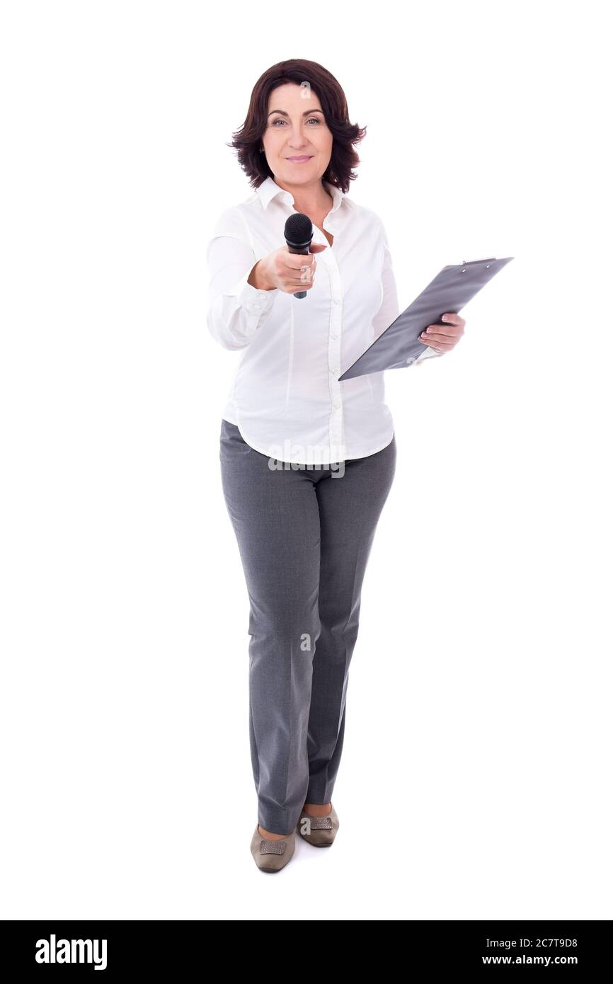 mature female reporter with microphone and clipboard isolated on white ...