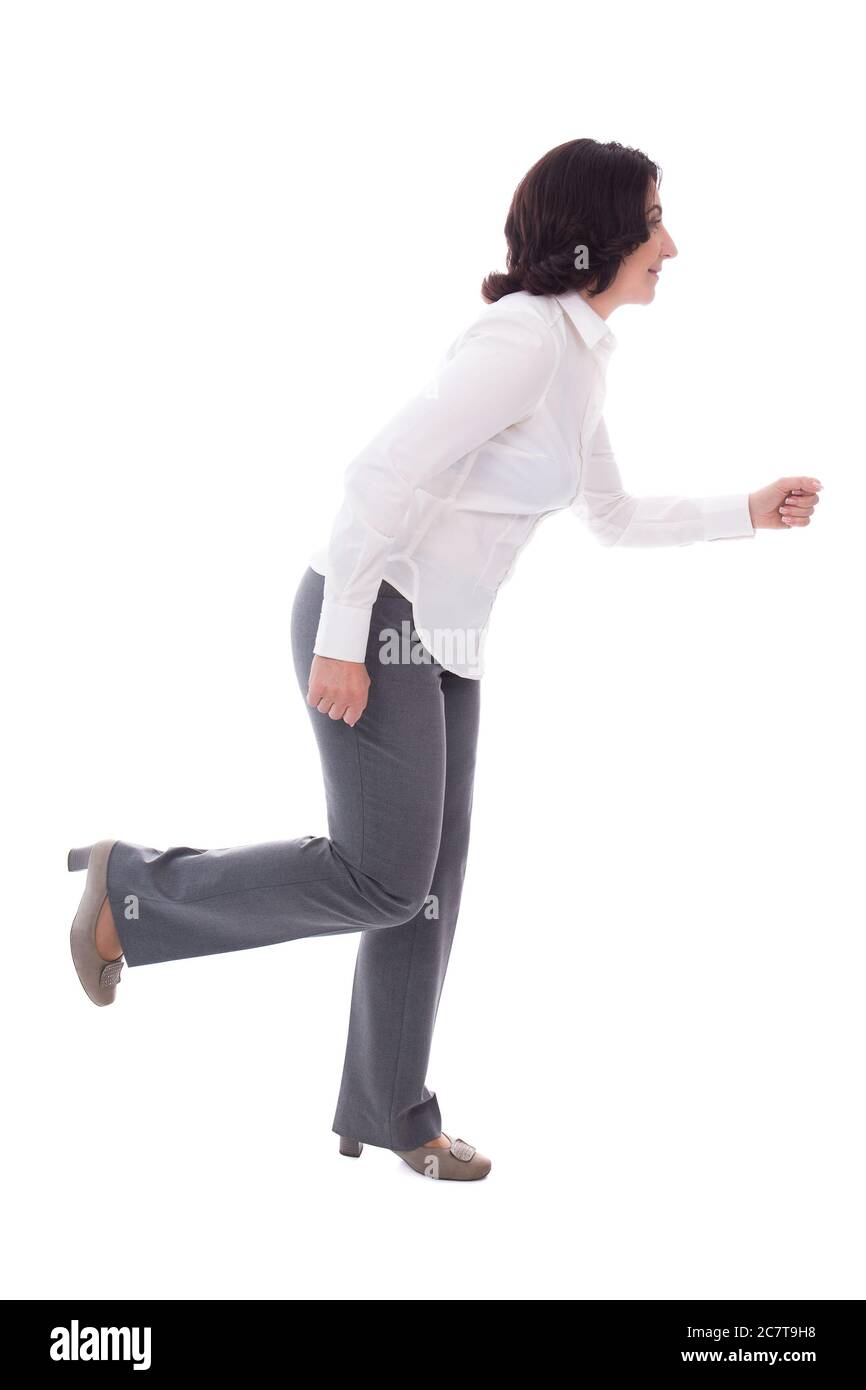 mature woman running isolated on white background Stock Photo - Alamy