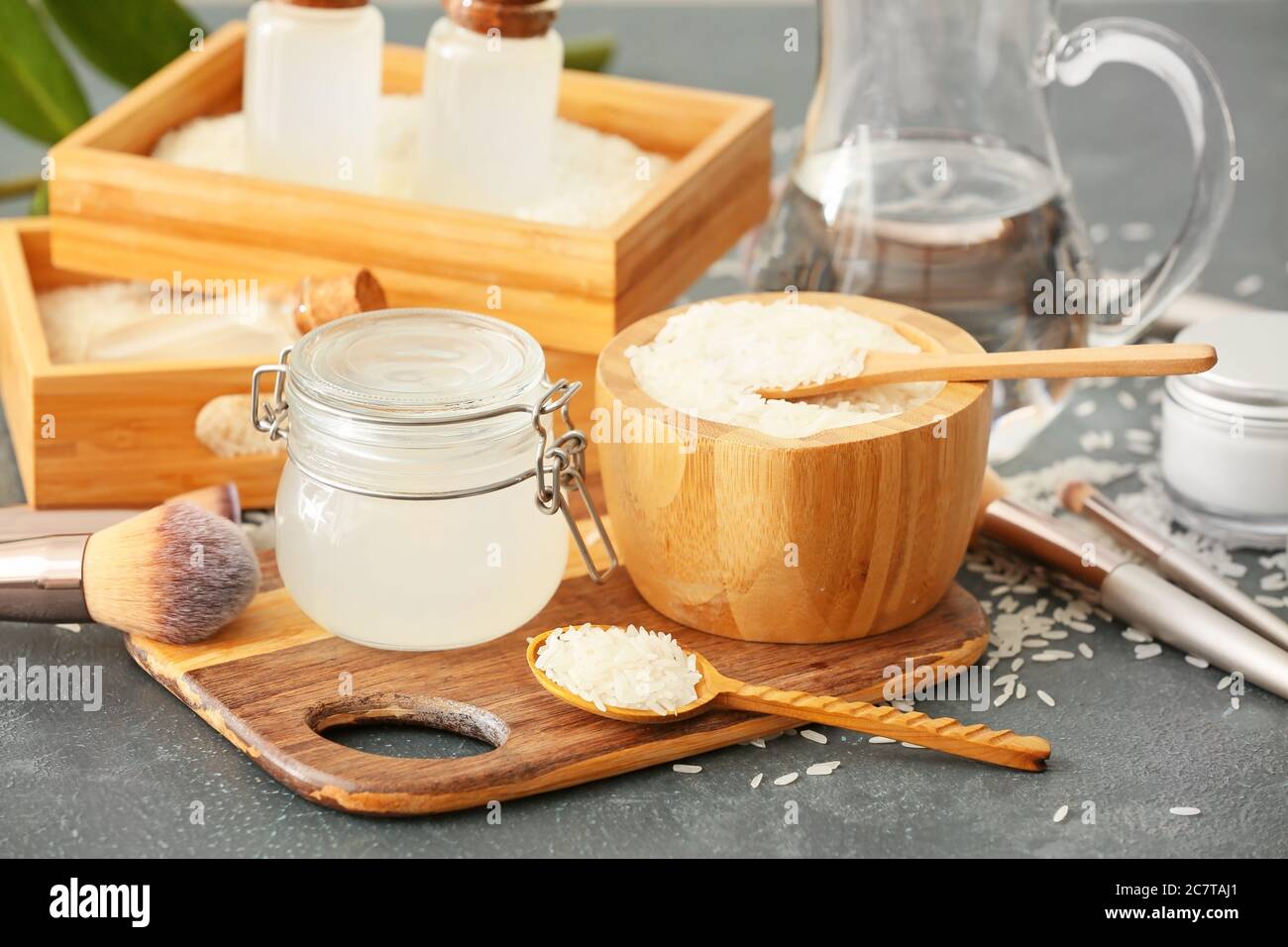 Healthy rice water on grey background Stock Photo - Alamy