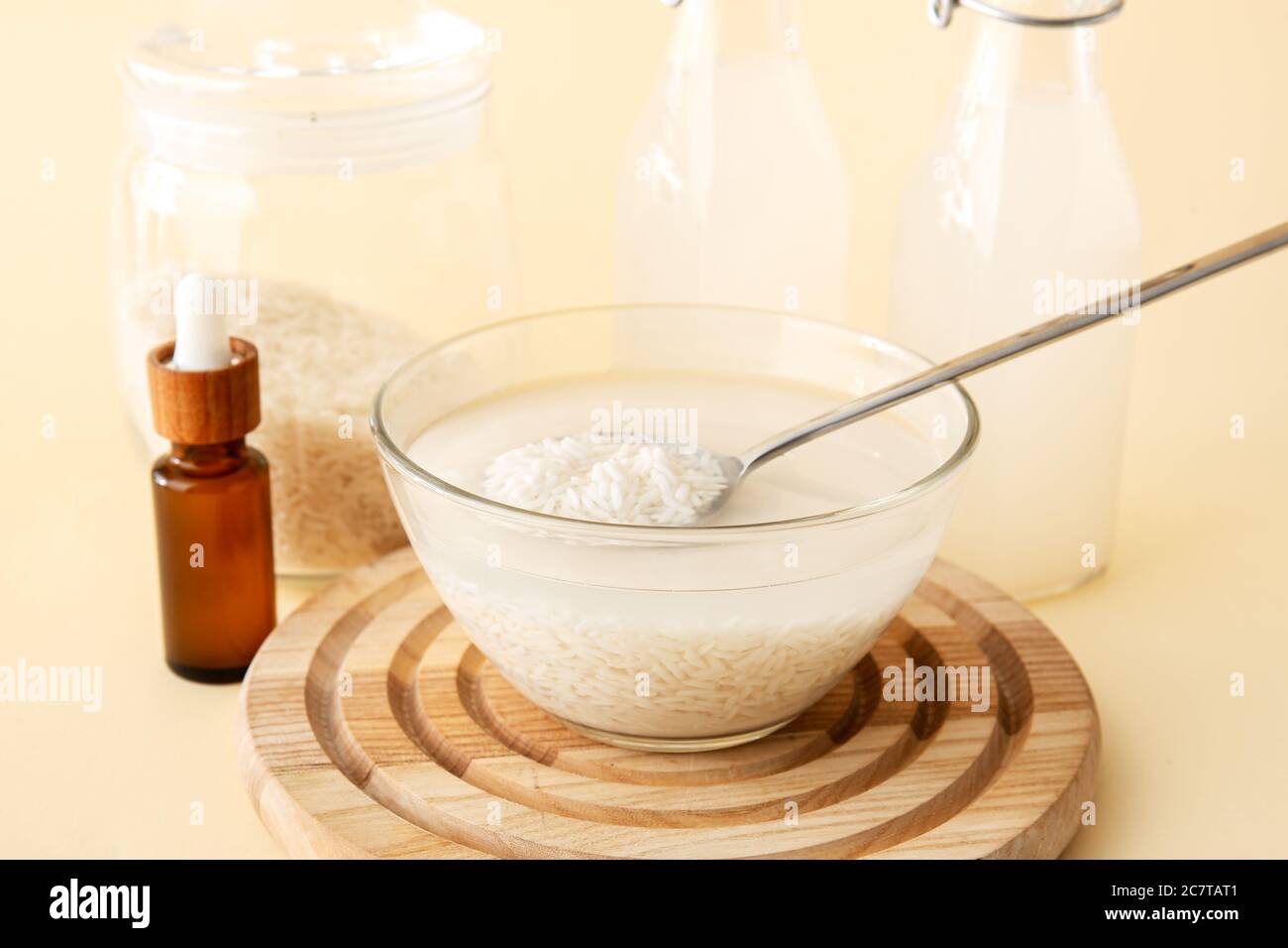 Healthy rice water on color background Stock Photo - Alamy