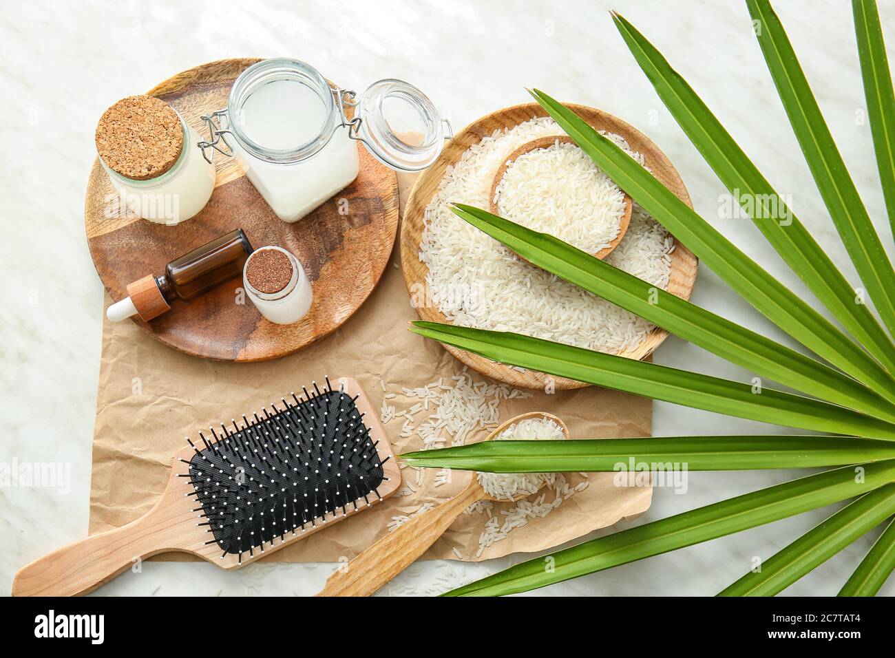 Composition with healthy rice water on white background Stock Photo - Alamy