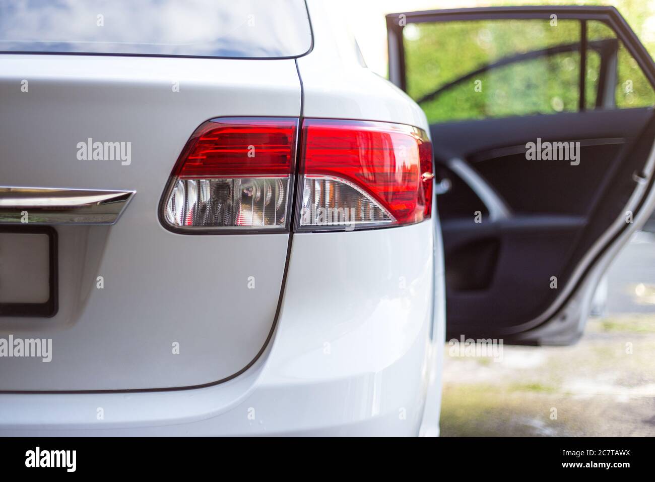 travel concept - back view of modern car with open doors Stock Photo ...