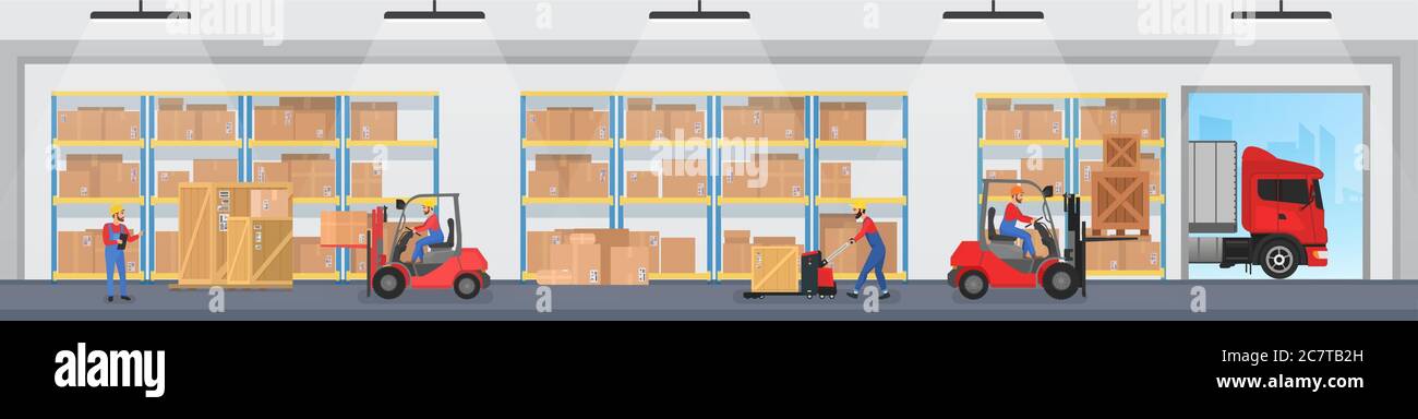 Warehouse logistic service vector illustration. Cartoon flat worker ...