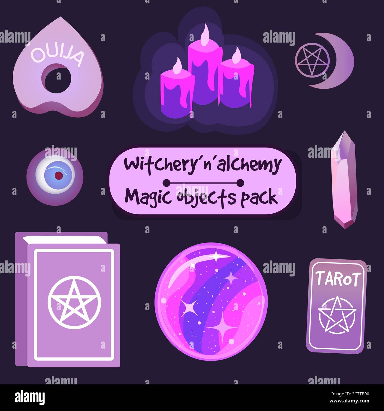 Magic witchery objects and symbols, vector pack. Crystals, candles and ...