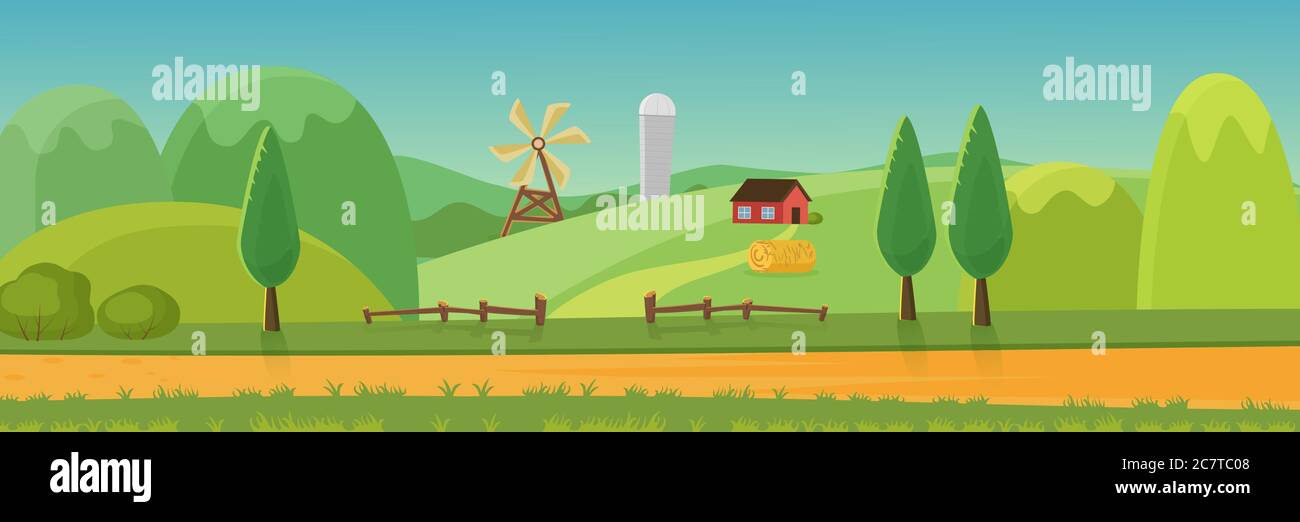 Cute rural landscape panorama with farm cartoon flat vector illustratio ...