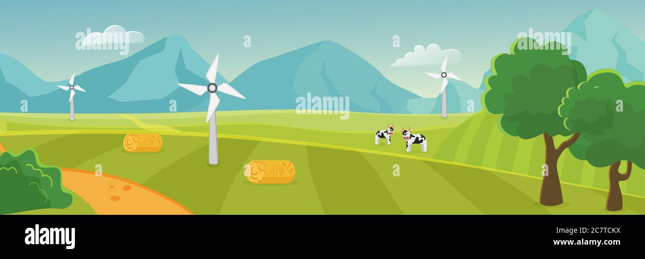 Countryside landscape panorama with mountains on horizon cartoon flat ...