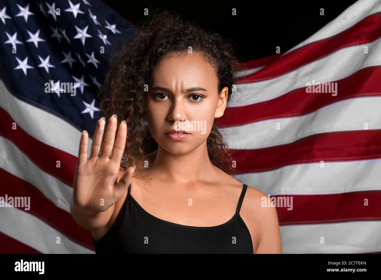 African-American woman against USA flag. Stop racism Stock Photo - Alamy
