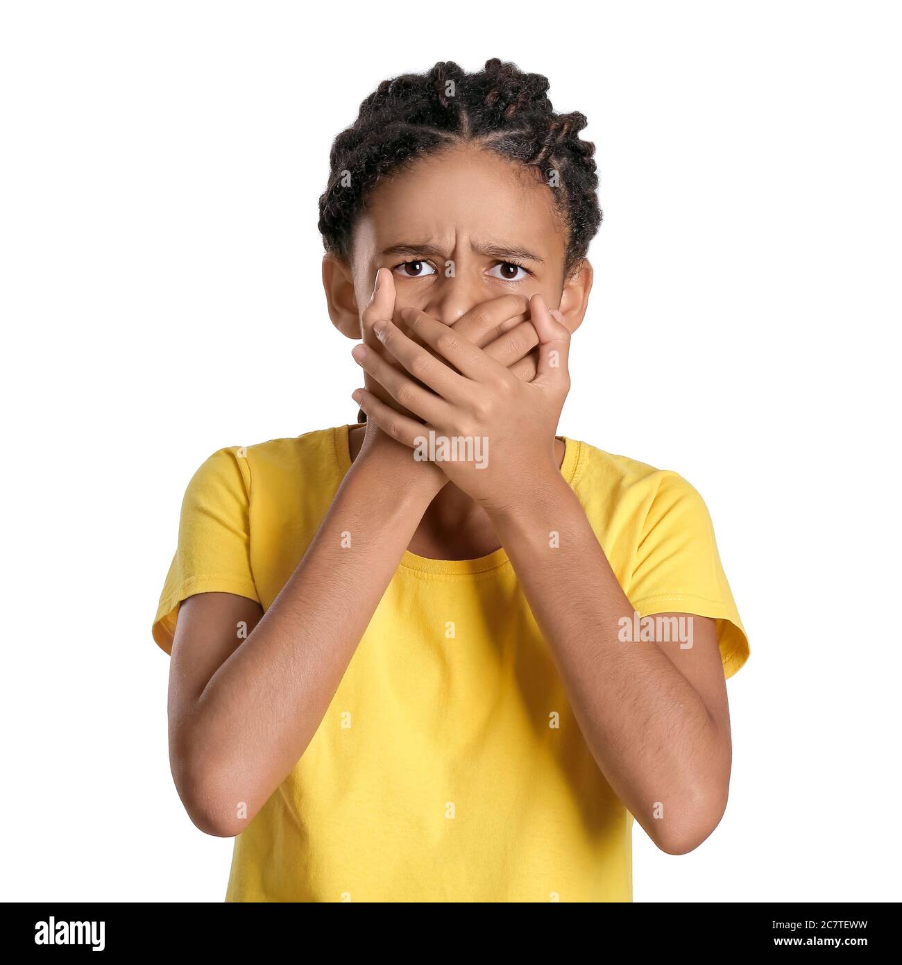 Sad African-American girl on white background. Stop racism Stock Photo ...