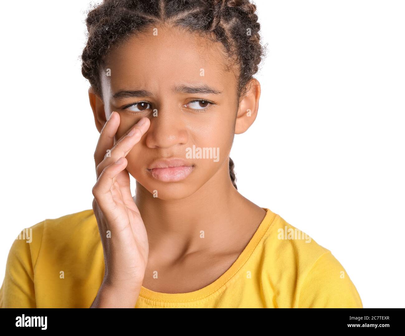 Sad African-American girl on white background. Stop racism Stock Photo ...