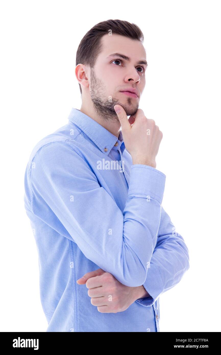 portrait of young man thinking about something isolated on white ...