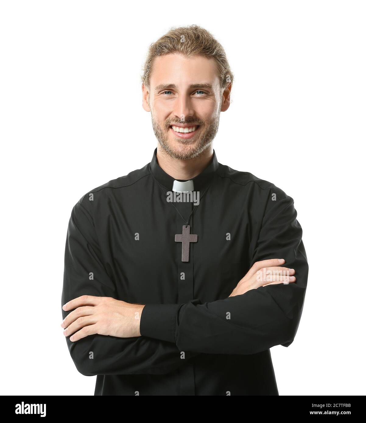 Handsome priest on white background Stock Photo - Alamy