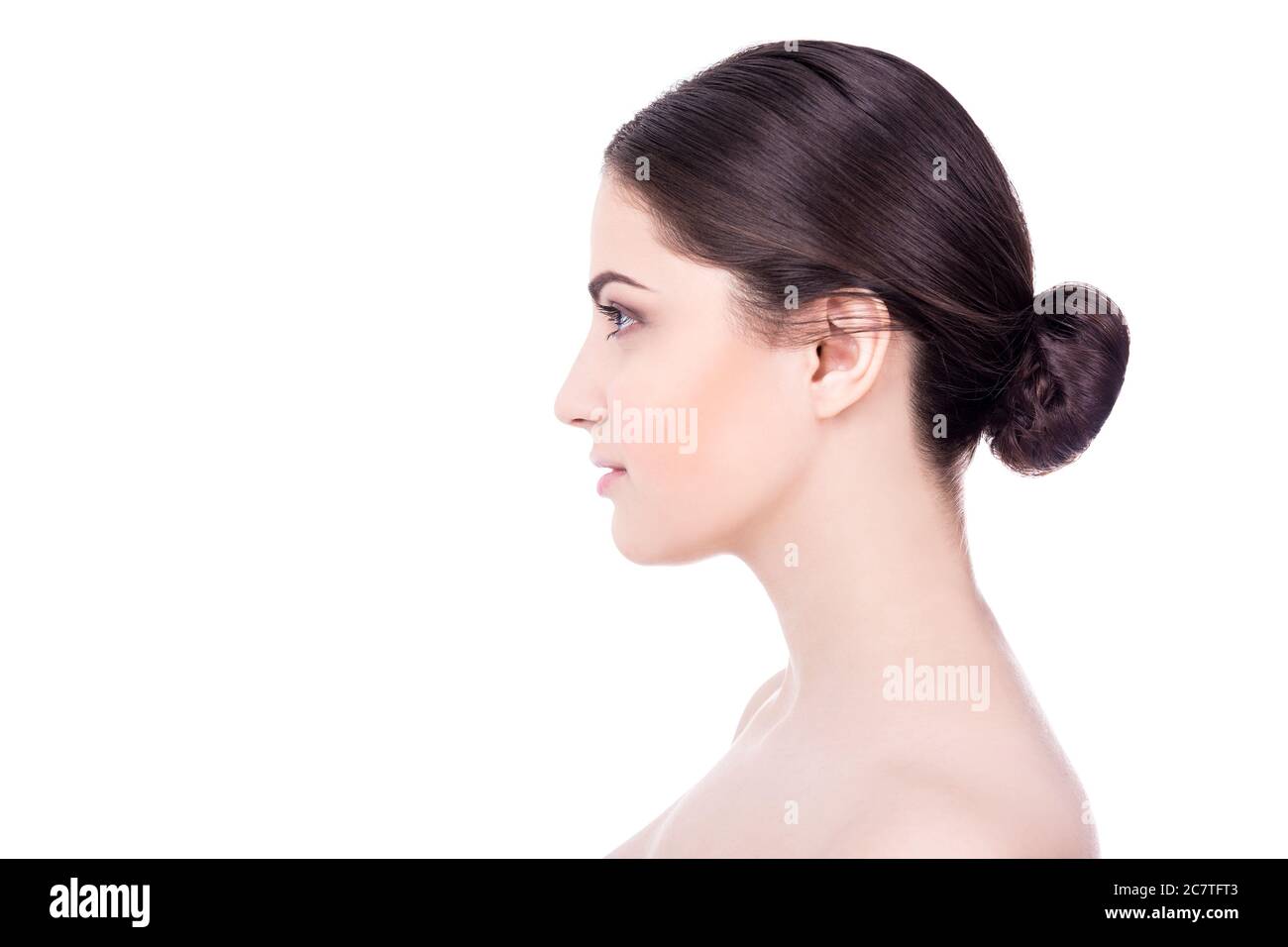 side view of beautiful woman with perfect skin isolated on white ...