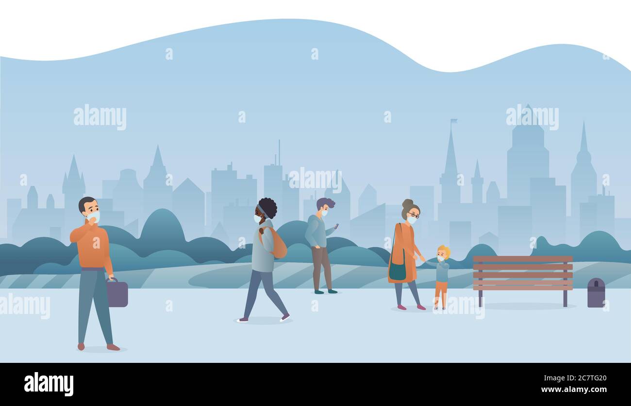 Men and women wearing masks walking on the street wearing a mask to ...