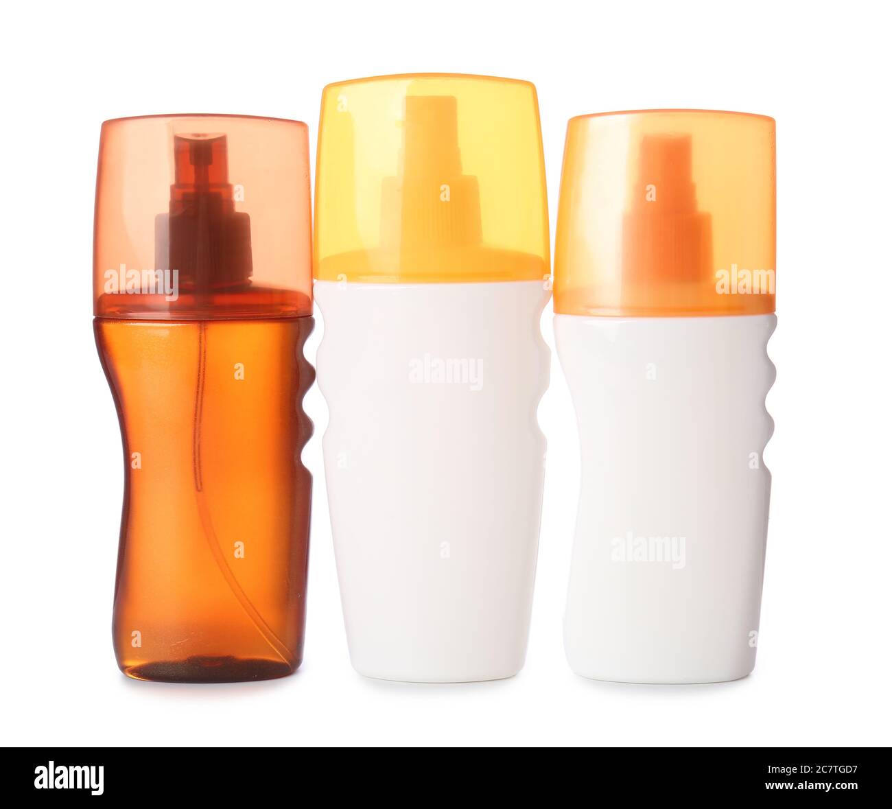 Bottles of sunscreen on white background Stock Photo - Alamy