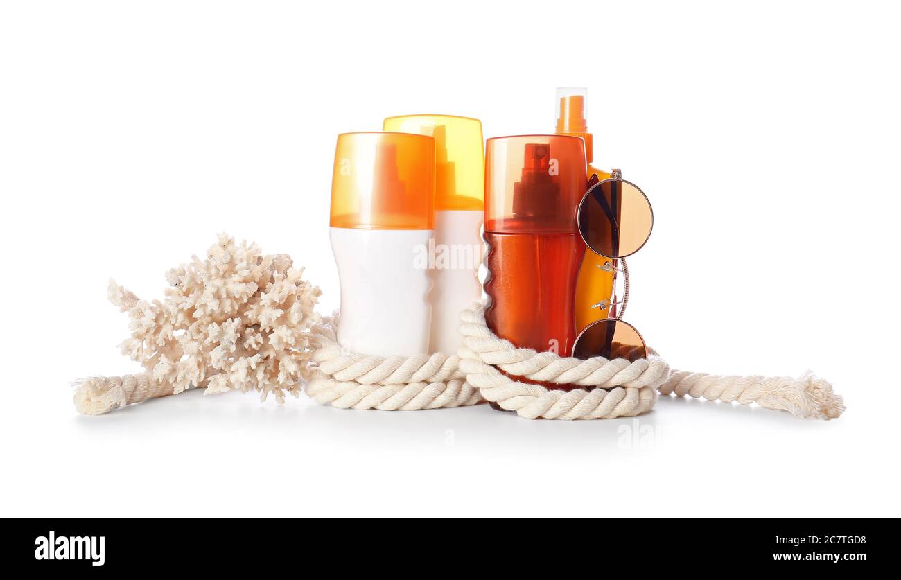 Bottles of sunscreen with sunglasses on white background Stock Photo ...