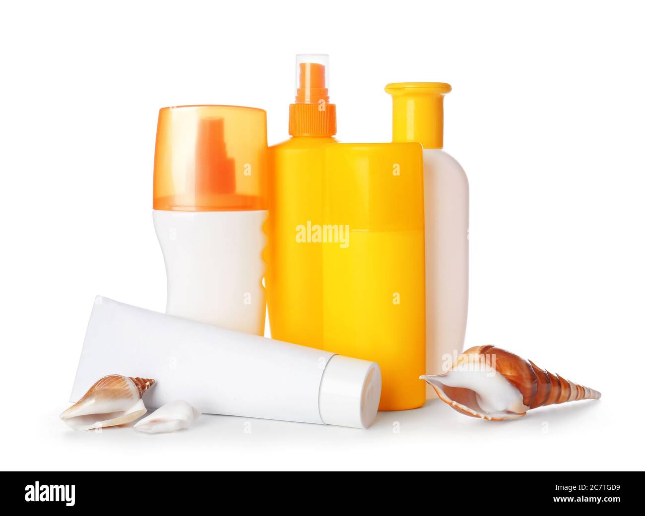 Bottles of sunscreen on white background Stock Photo - Alamy