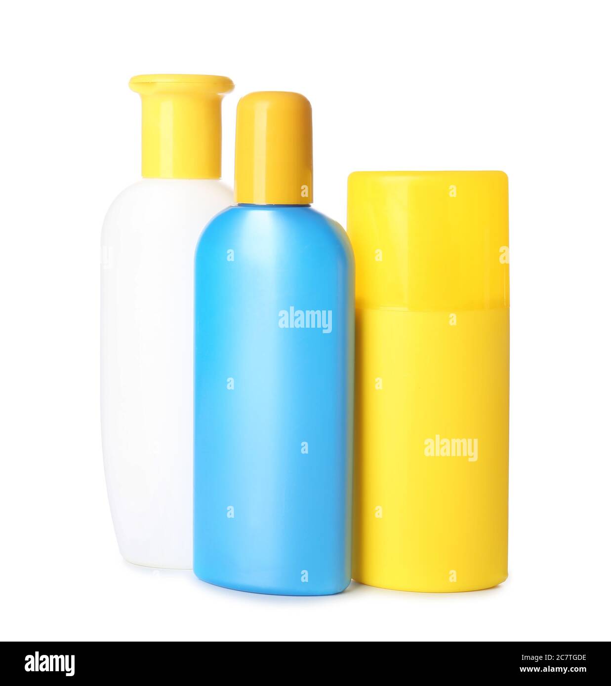 Bottles of sunscreen on white background Stock Photo - Alamy