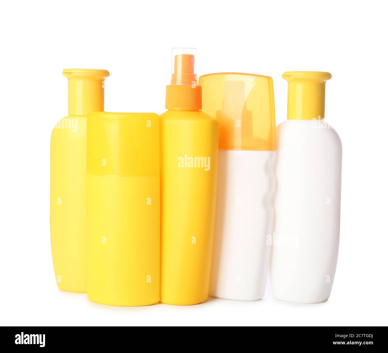 Bottles of sunscreen on white background Stock Photo - Alamy