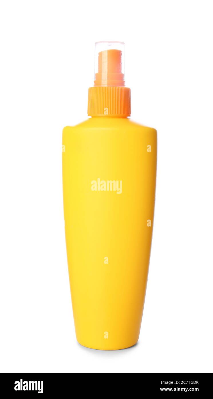 Bottle of sunscreen on white background Stock Photo - Alamy