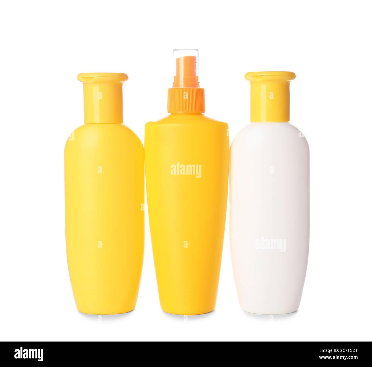 Bottles of sunscreen on white background Stock Photo - Alamy