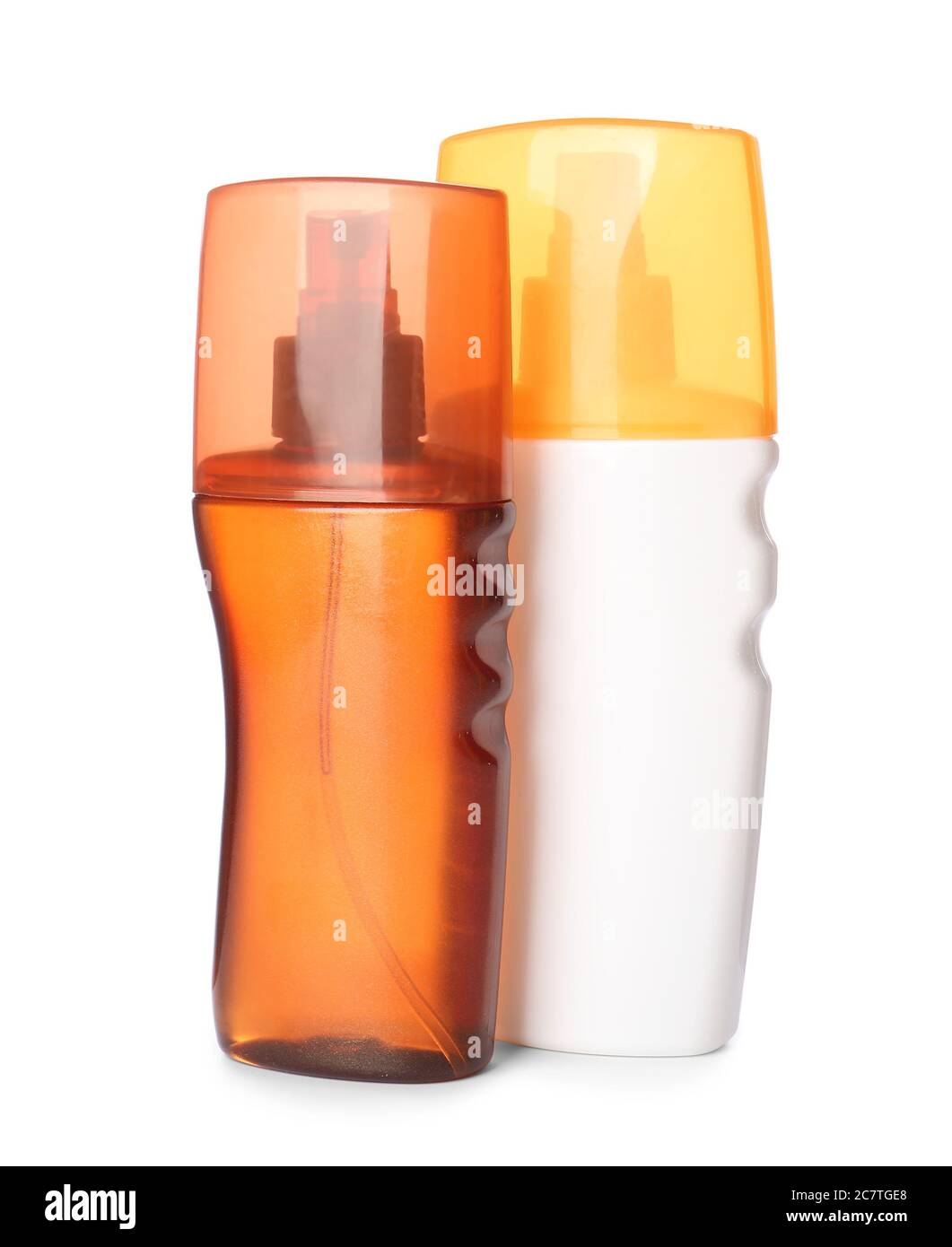 Bottles of sunscreen on white background Stock Photo - Alamy
