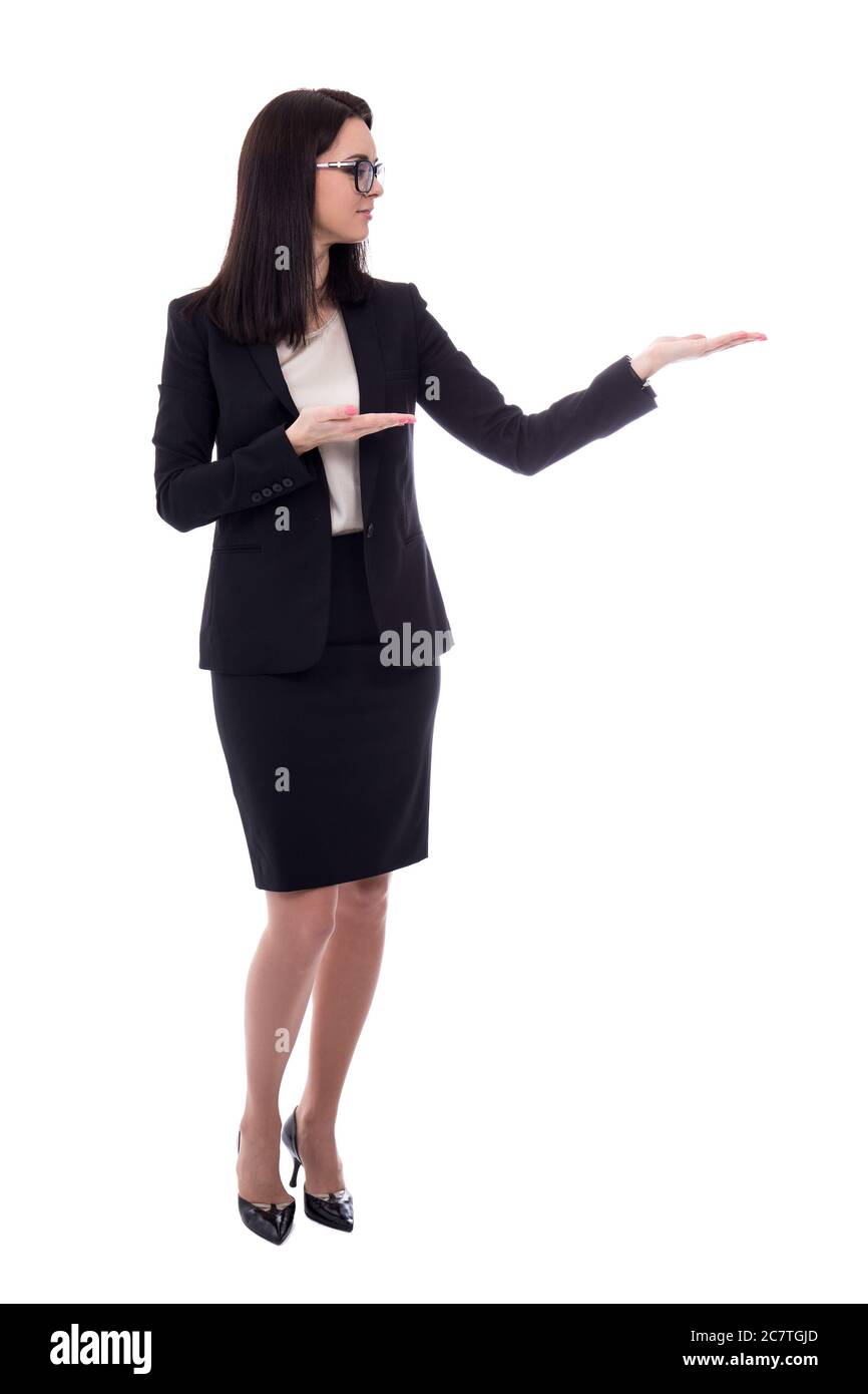 business woman holding or presenting something isolated on white ...