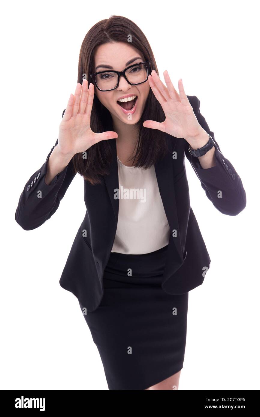 stressed young business woman screaming isolated on white background ...