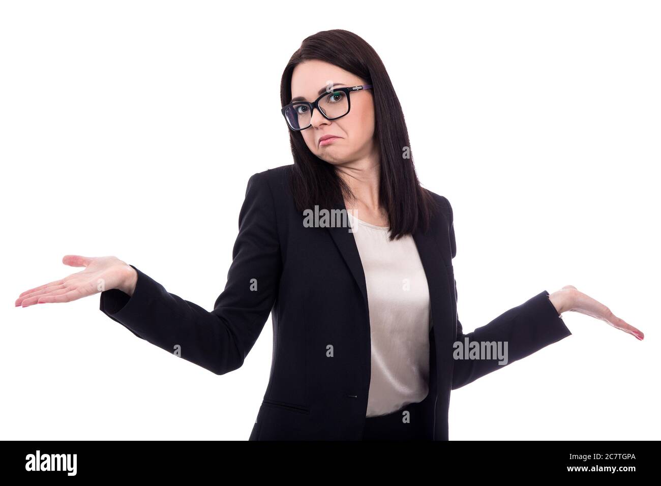 pretty business woman shrugs shoulders with open palms isolated on ...