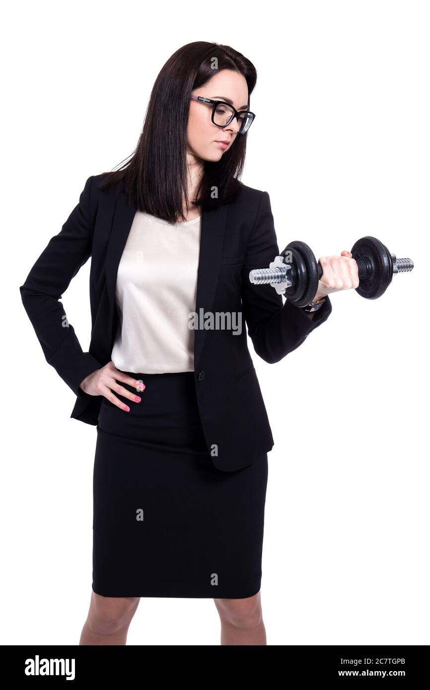 hard work concept - business woman with dumbbell isolated on white ...
