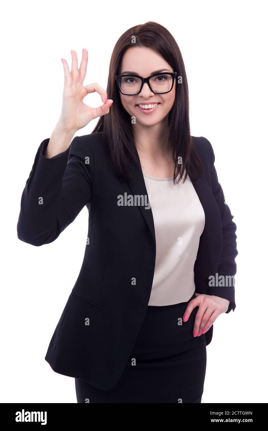 happy business woman showing ok sign isolated on white background Stock Photo - Alamy