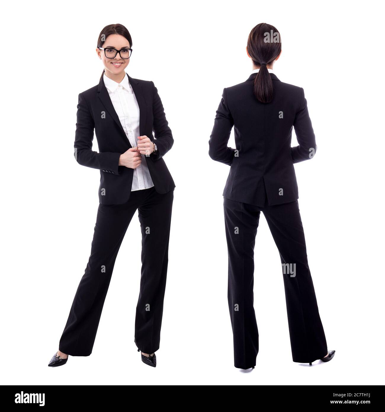 front and back view of young business woman isolated on white ...