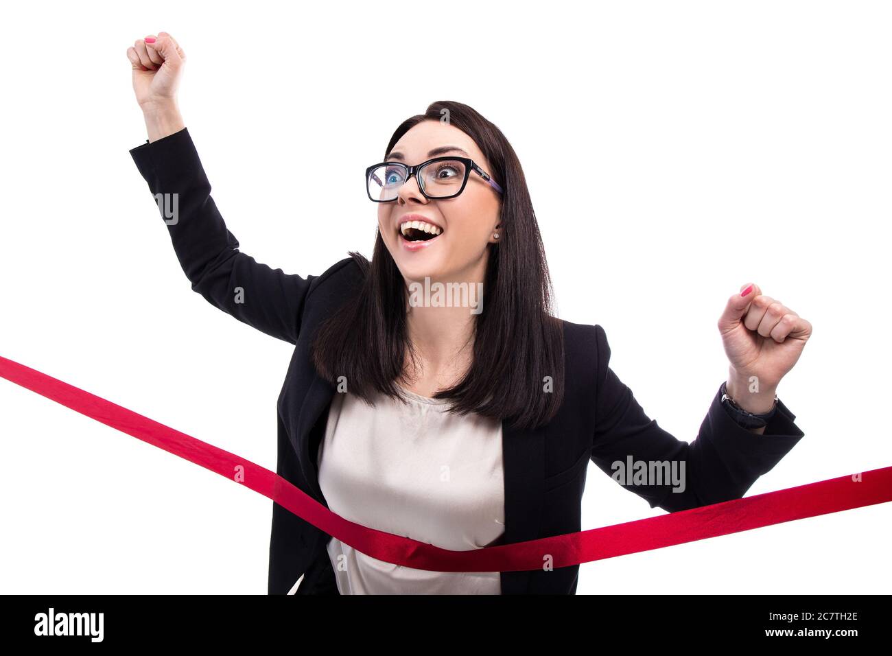 happy running business woman crossing finish line isolated on white ...