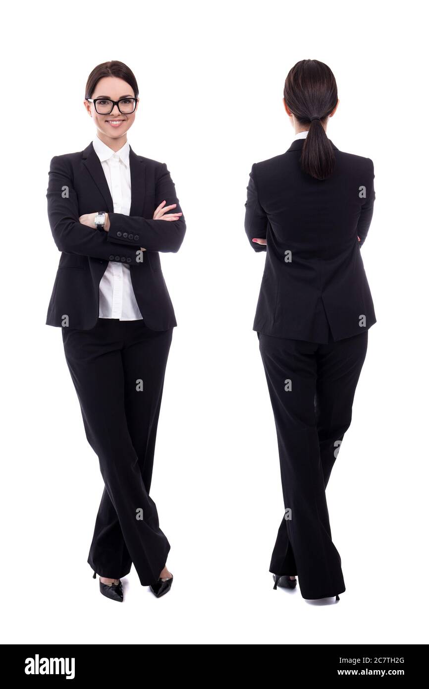 front and back view of young beautiful business woman isolated on white ...