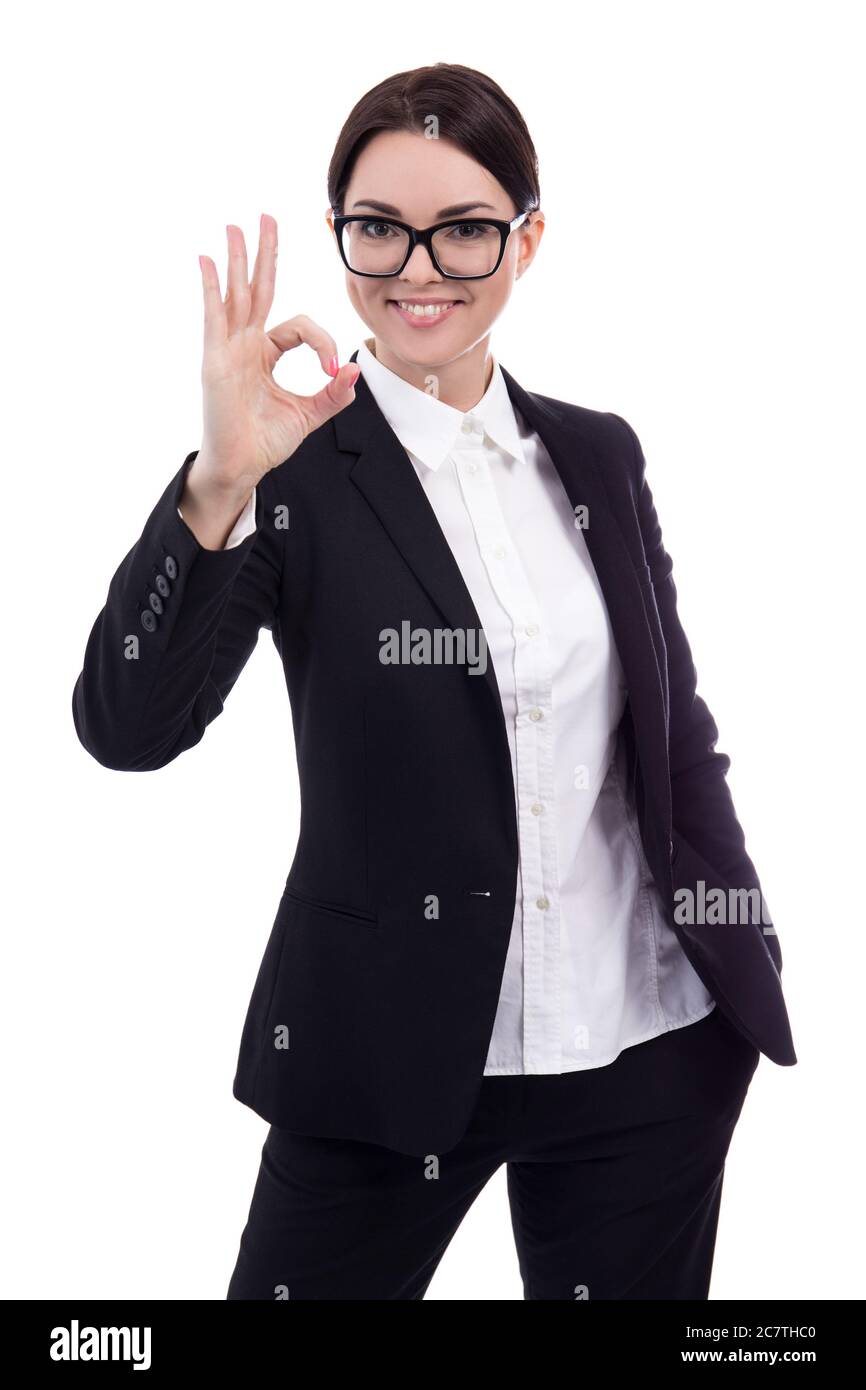 portrait of young beautiful business woman showing ok sign isolated on ...