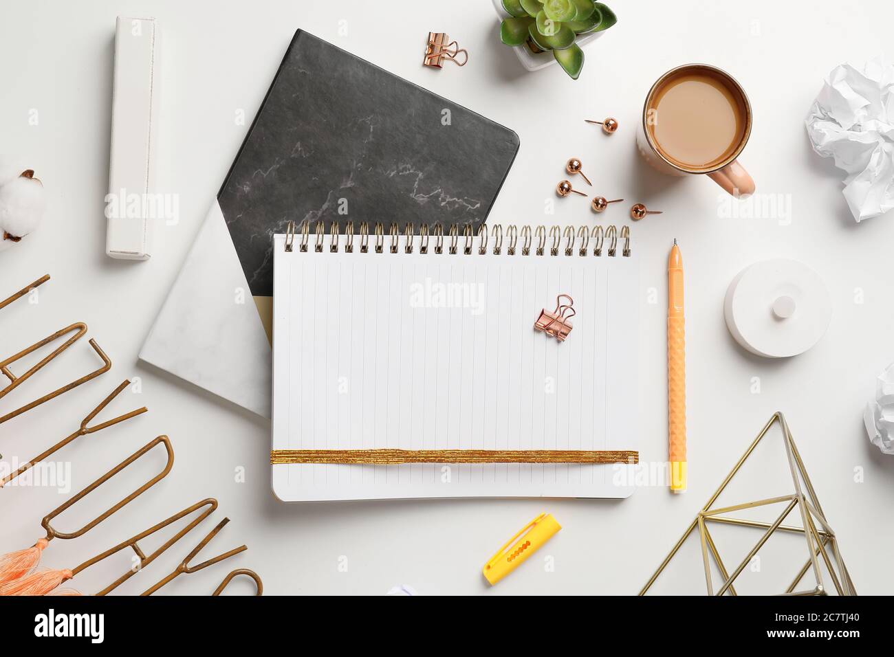 Composition with notebooks on white background Stock Photo - Alamy